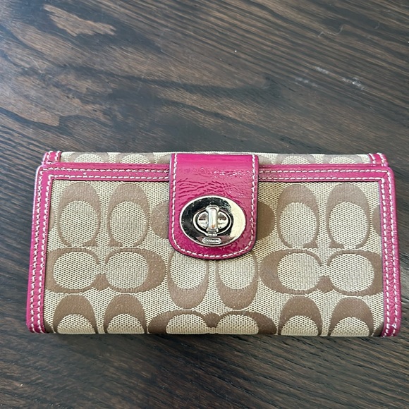 Coach | Bags | Coach Signature Slim Jacquard Burgundy Turn Lock Wallet ...